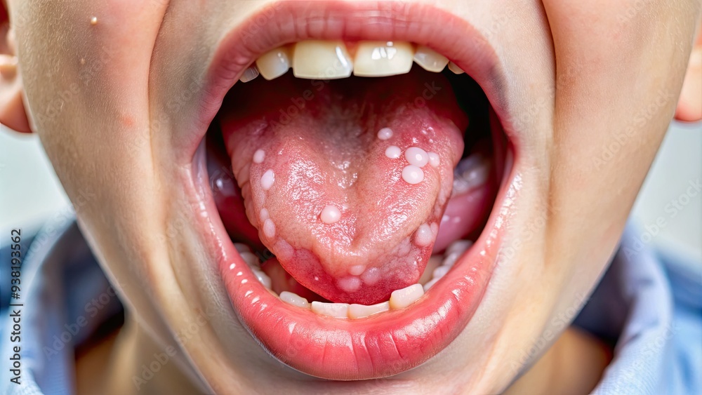Close-up of the open mouth of a child, revealing severely enlarged and ...