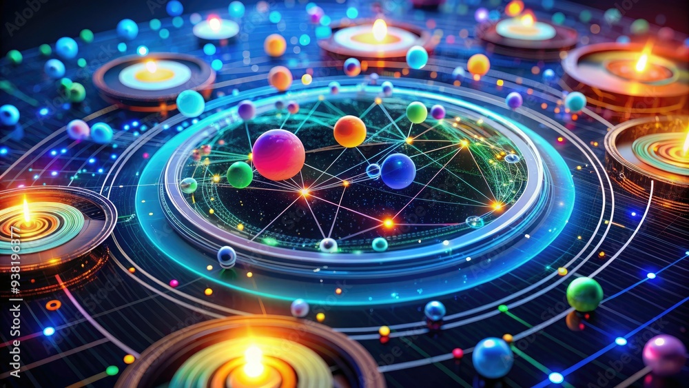 Colorful 3D circle graphs with interconnected nodes and swirling ...