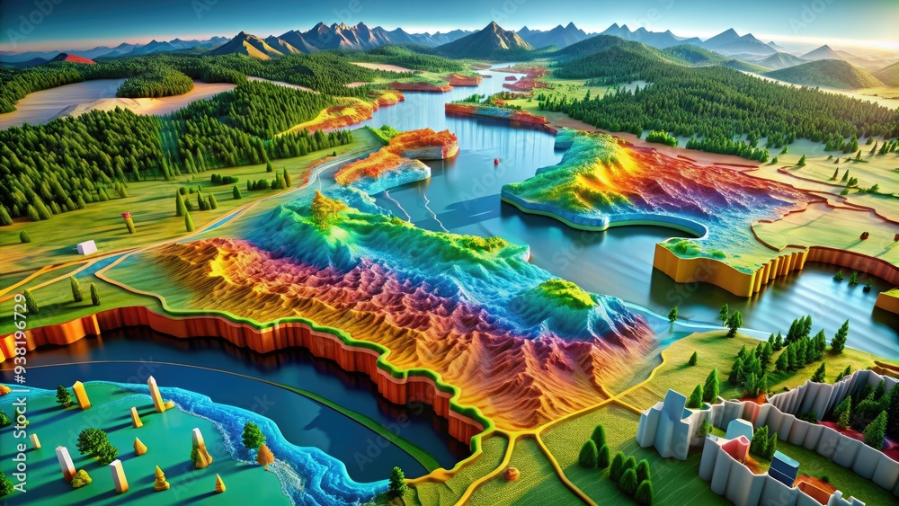 Colorful 3D map visualization shows geographic information system ...