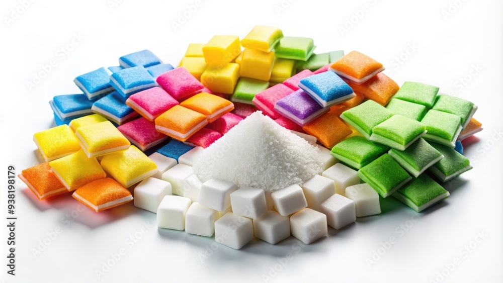 Colorful arrangement of sugar cubes and xylitol packets on a white ...