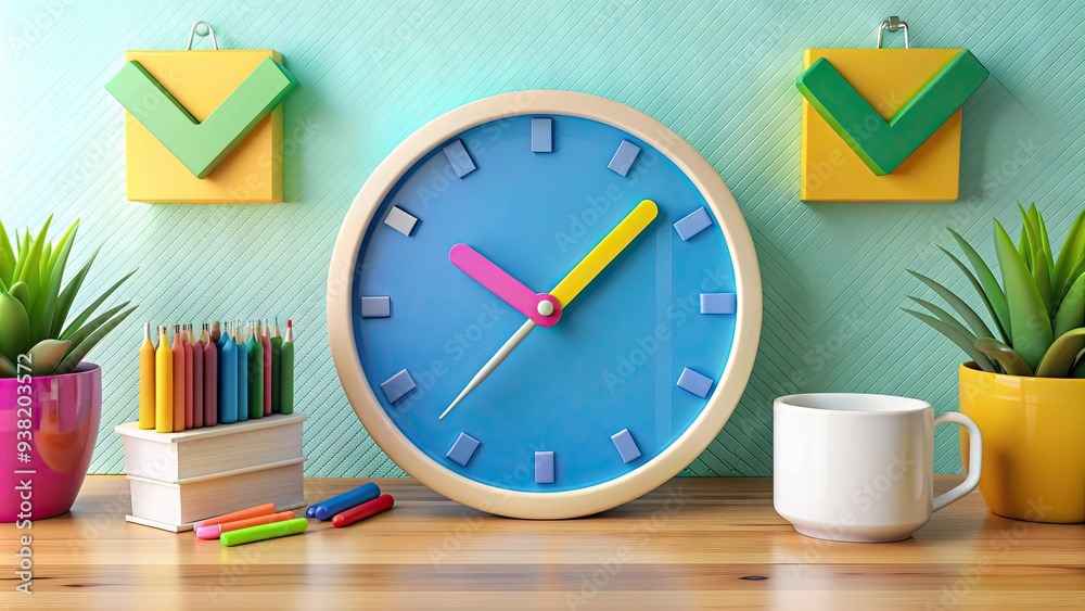 Colorful clock and checkmark icons surrounded by office supplies on a ...