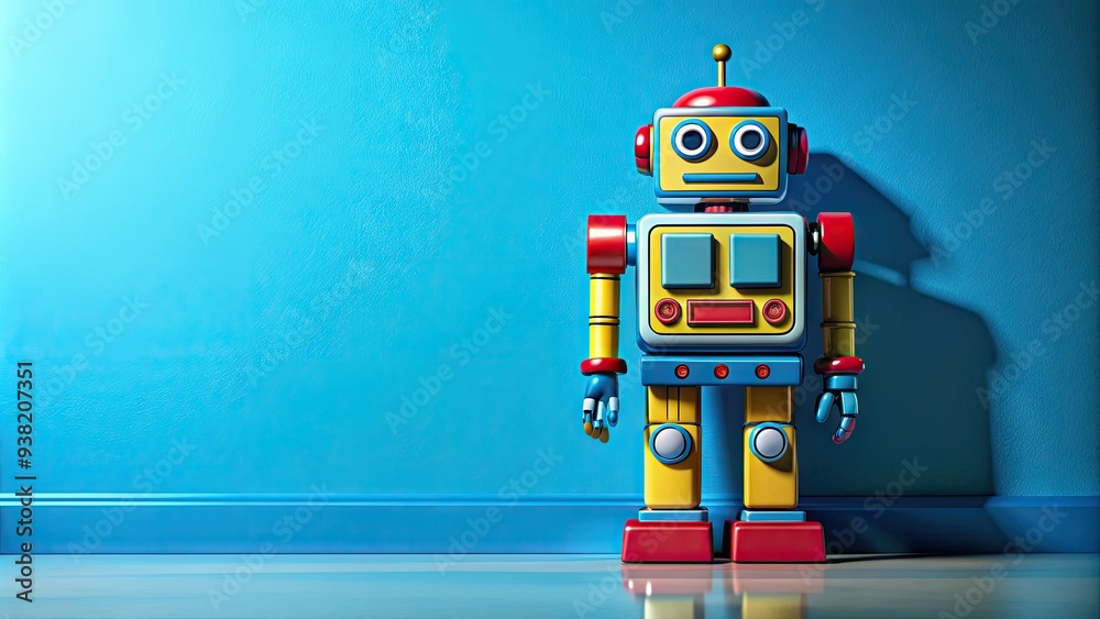 ภาพประกอบสต็อก Colorful flat cartoon character, a happy smiling robot ...