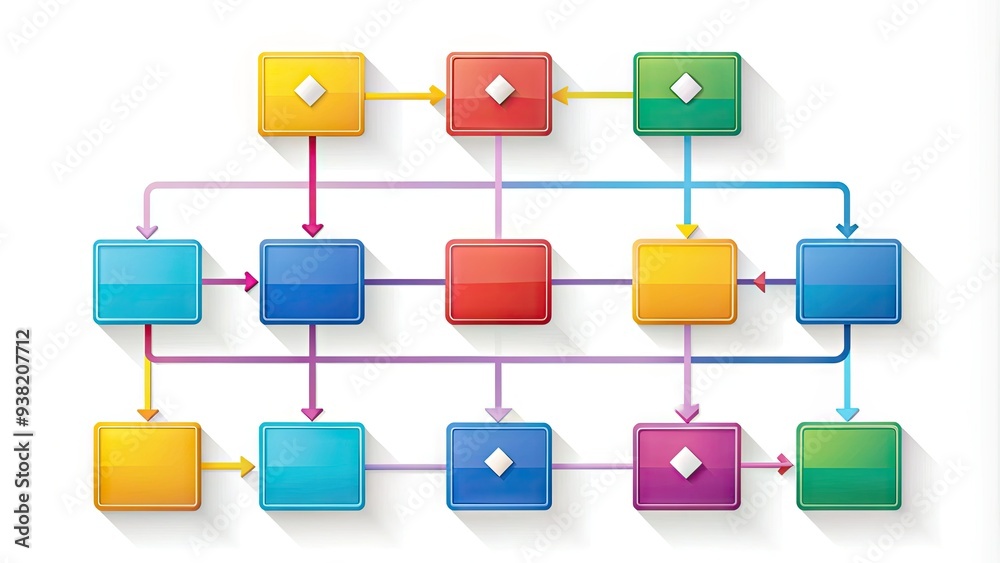 Colorful flow chart template with interconnected boxes, arrows, and ...
