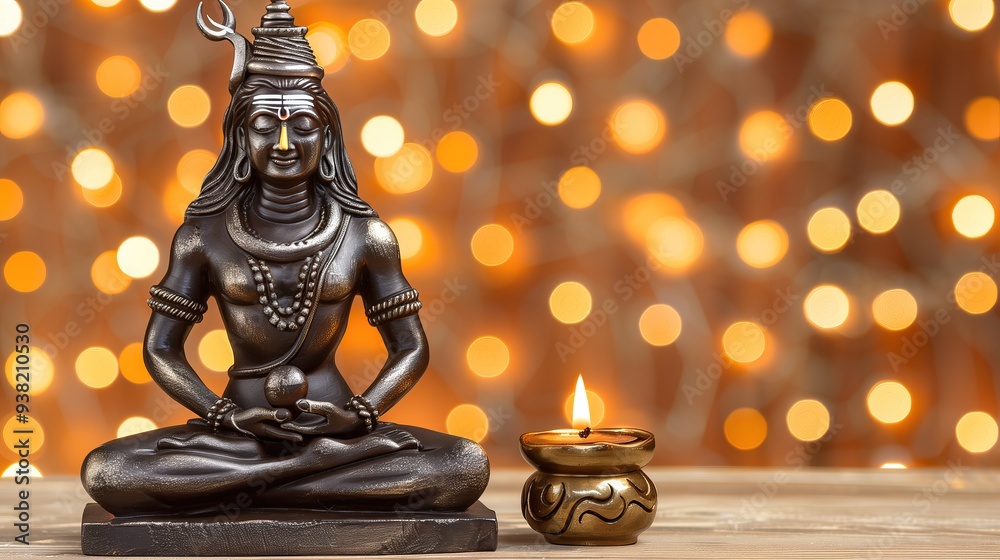 bronze statue of Shiva meditating with lit candle bokeh lights ...