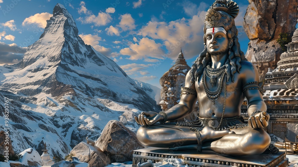 Photo & Art Print large statue of Shiva in meditative pose against snowy kailash parvat mountain ...