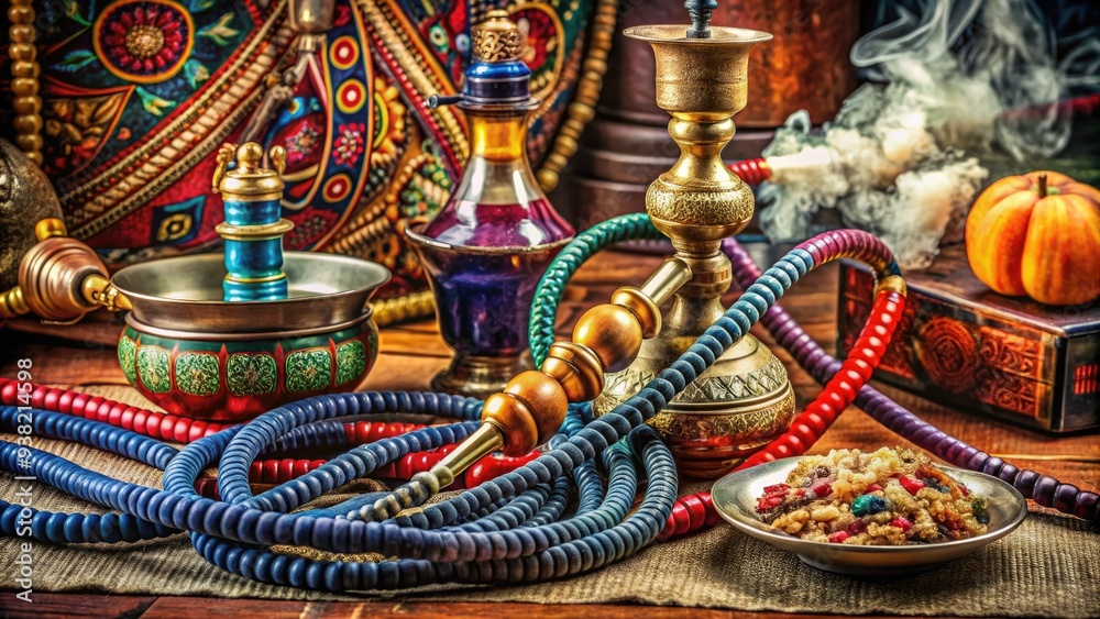 Colorful Middle Eastern-style waterpipe with ornate pipes and hoses ...
