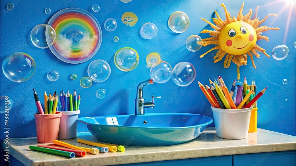 Colorful soap bubbles float above a bright blue sink as a child's ...