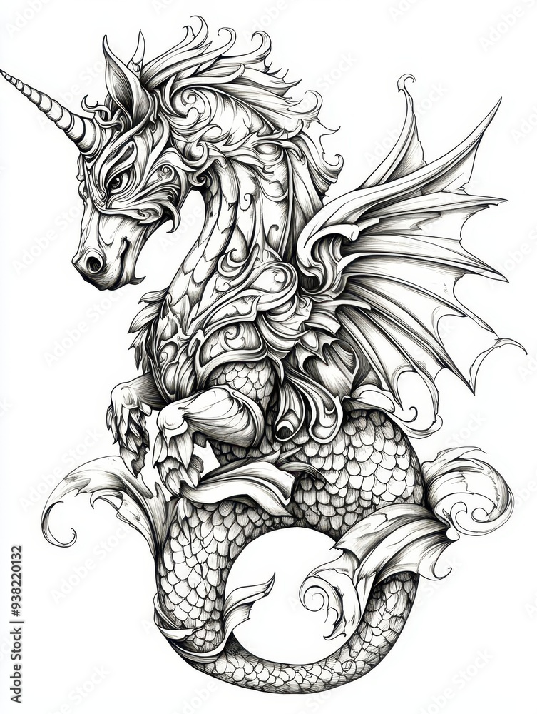 Detailed line drawing of a mythical creature with the head of a unicorn ...