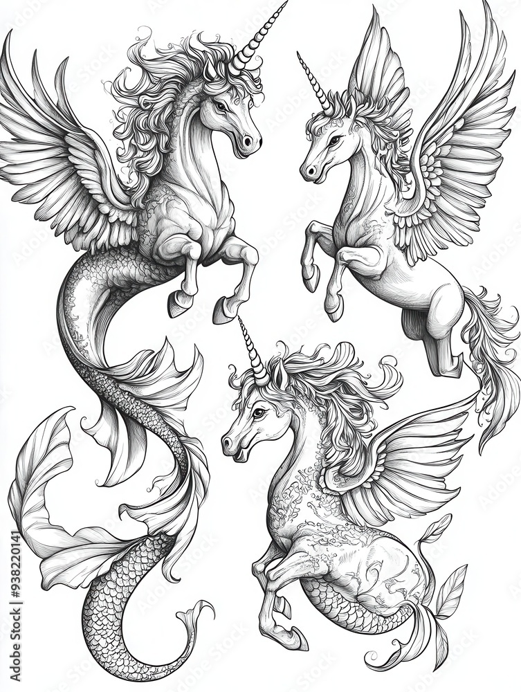 Detailed line drawing of a mythical creature with the head of a unicorn ...