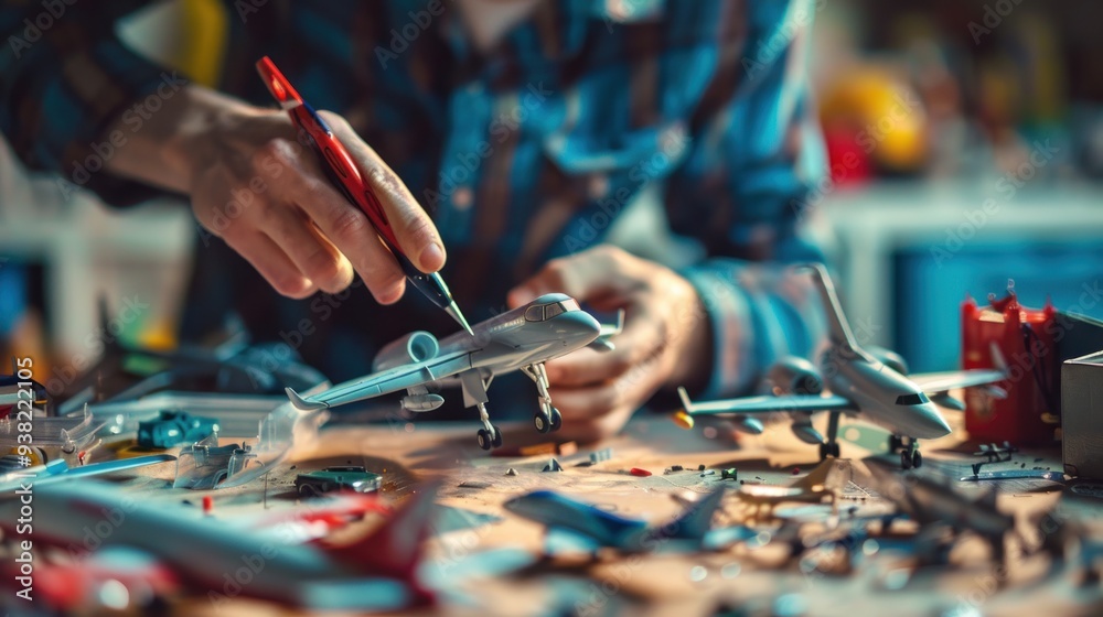 Model airplane enthusiast carefully painting details on a miniature ...