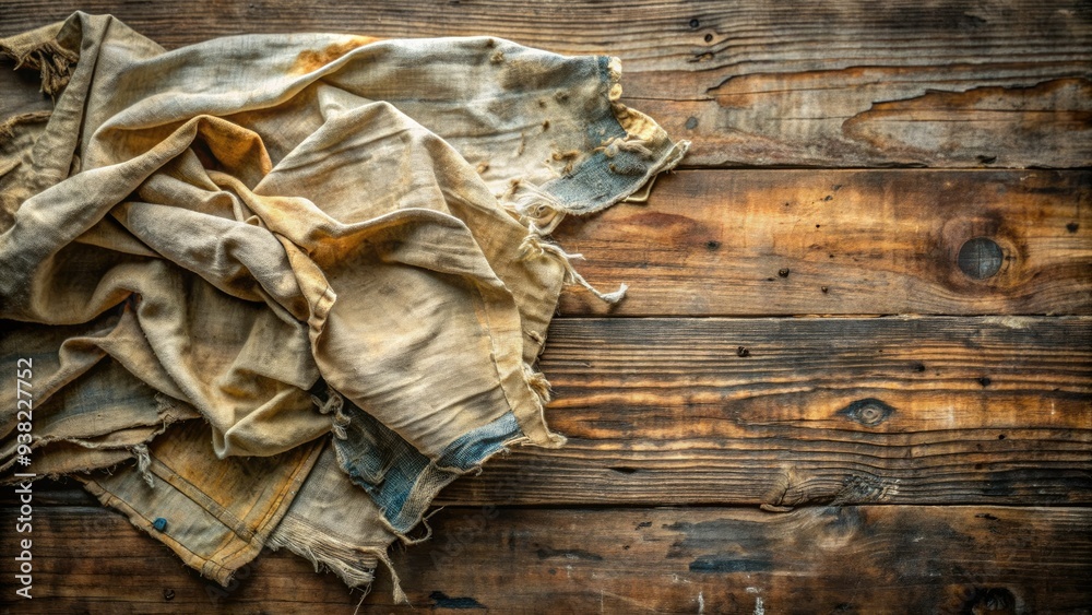 Crinkled, stained, and frayed old cloth with grease smudges, torn edges ...