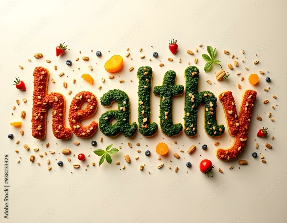 a dynamic background with the word 'healthy' in a playful font ...