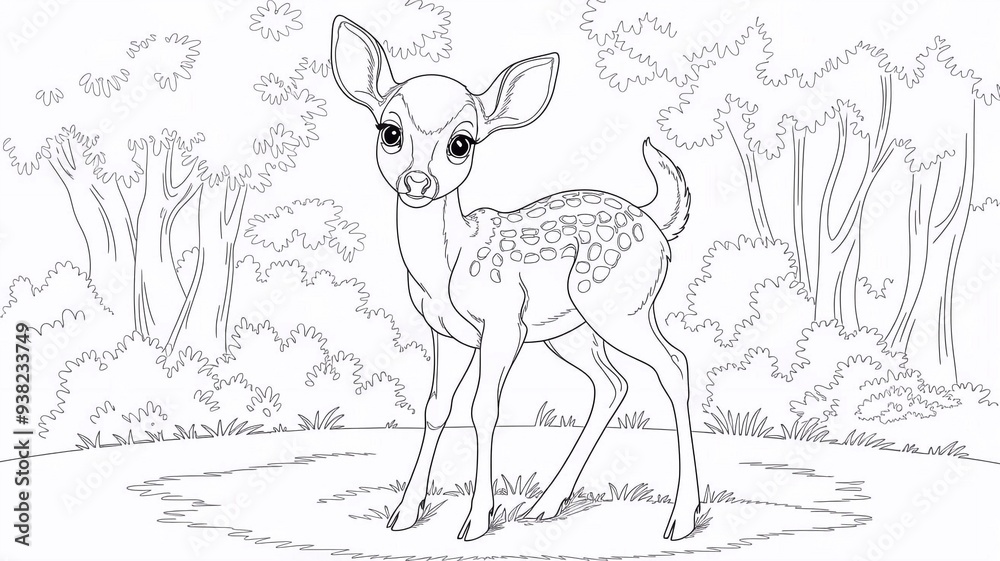 Cute fawn in forest wildlife nature outline contour drawing ...