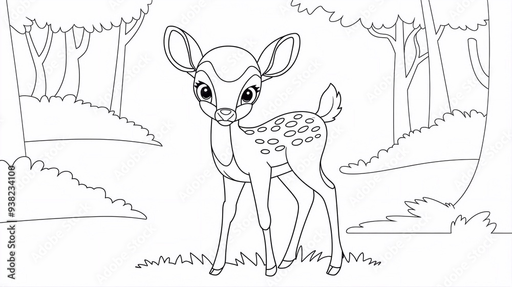 Cute fawn in forest wildlife nature outline contour drawing ...