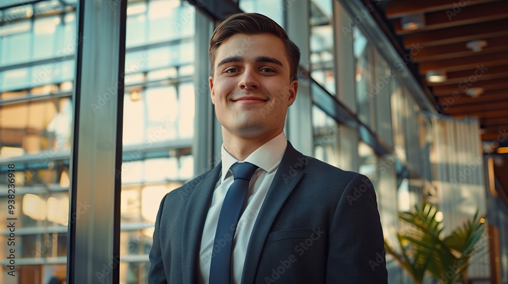 Smiling employee standing upright in front of a window while wearing a ...
