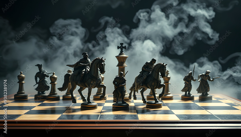 Medieval battle scene with cavalry and infantry on chessboard. Chess ...