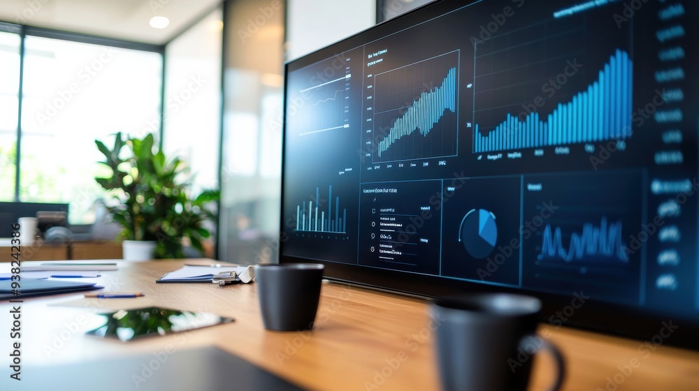 A modern meeting room features a large screen displaying simple yet ...