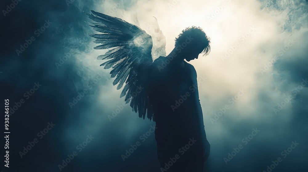 shadowy angel figure partially obscured in mist, with only the glow of ...