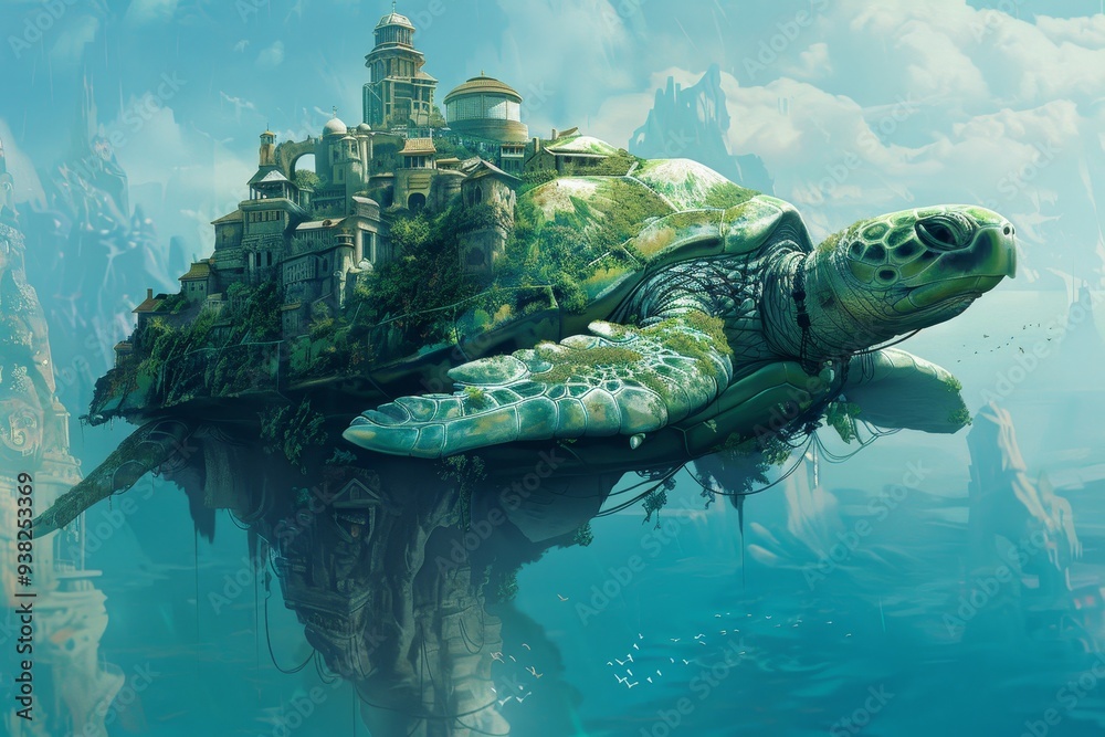 turtle floating in the water with castle on top, floating city built on ...