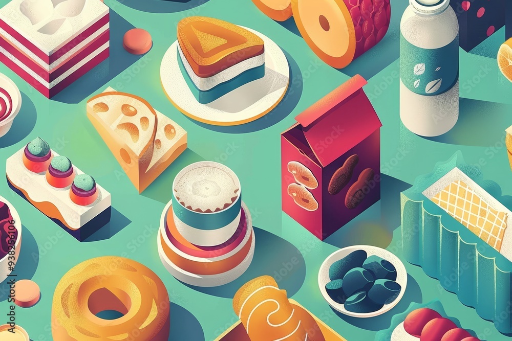 variety of food items on blue background, graphic artist creates vector ...