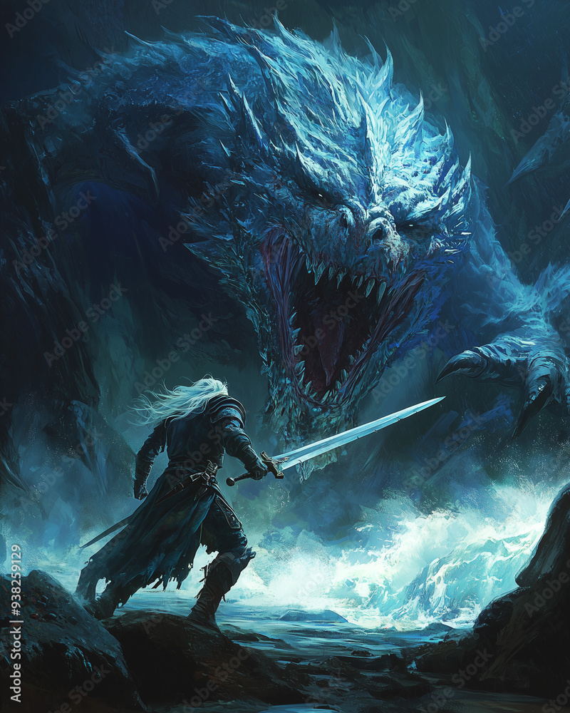 elf warrior facing a giant ice dragon in a frozen, stormy landscape, prepared for an epic battle ...