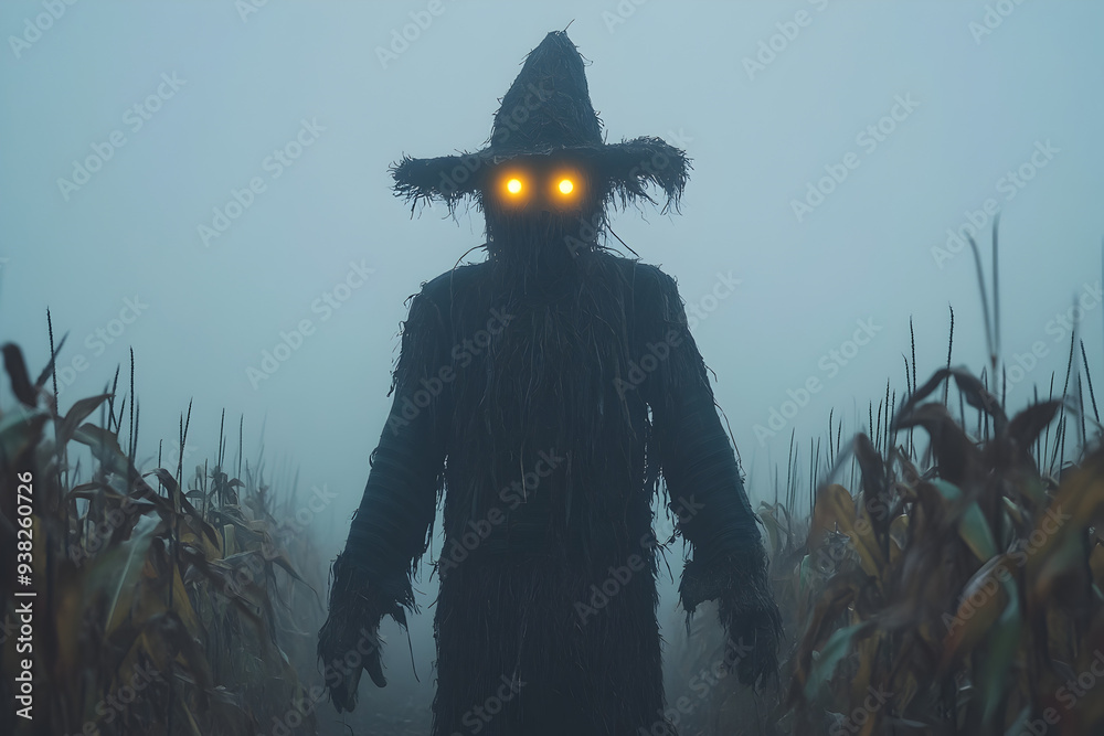 Eerie Scarecrow in Misty Cornfield, a haunting figure stands amidst ...