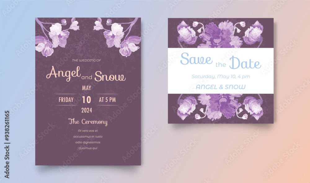 Two elegant invitation cards for the wedding celebration. Hand-drawn ...