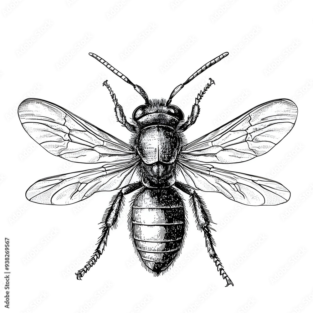 Black and white line drawing of a hornet, front view showing wings and ...