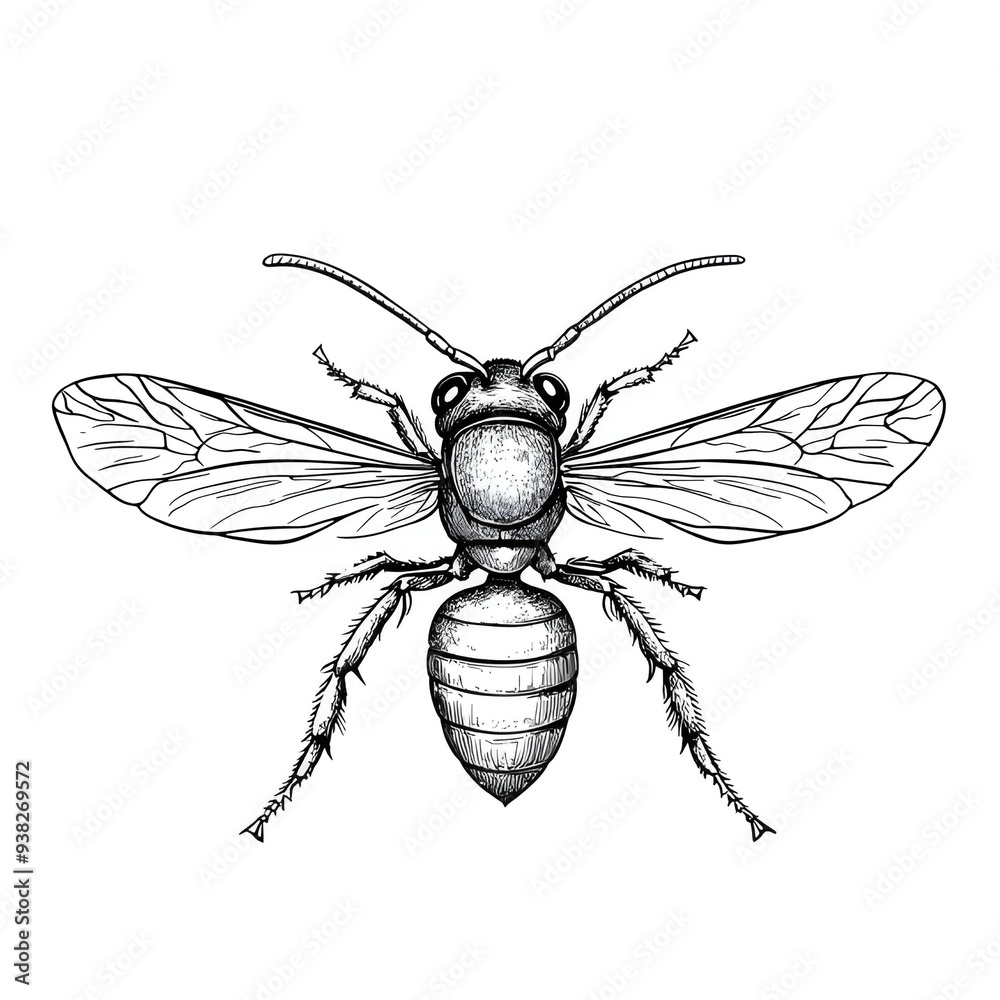 Black and white line drawing of a hornet, front view showing wings and ...