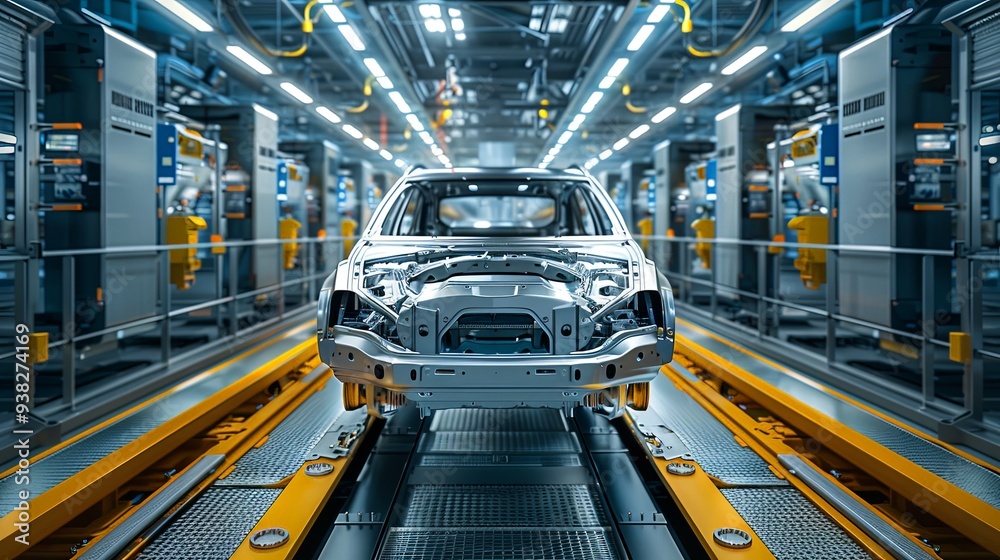 A modern car chassis positioned on an automated assembly line within a ...