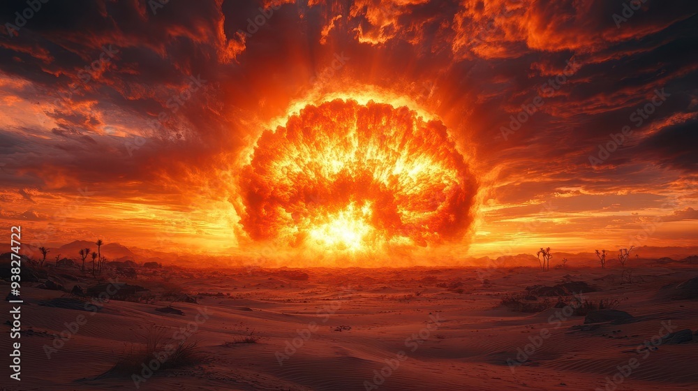dramatic nuclear explosion in a barren desert towering mushroom cloud ...