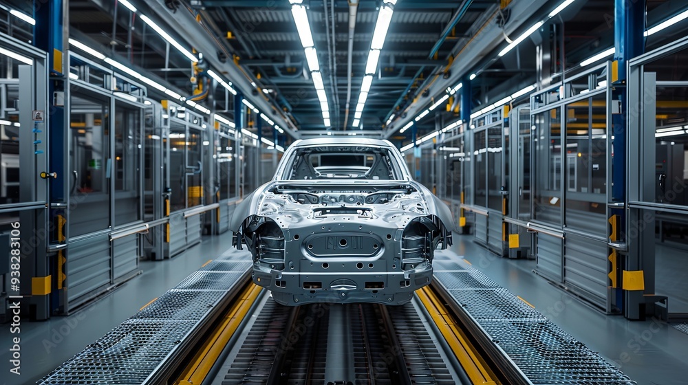 A photograph of an automobile frame situated on an assembly line in a ...