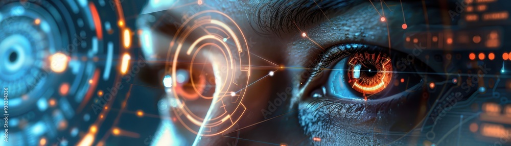 Futuristic digital eye interface with holographic elements, representing advanced technology ...