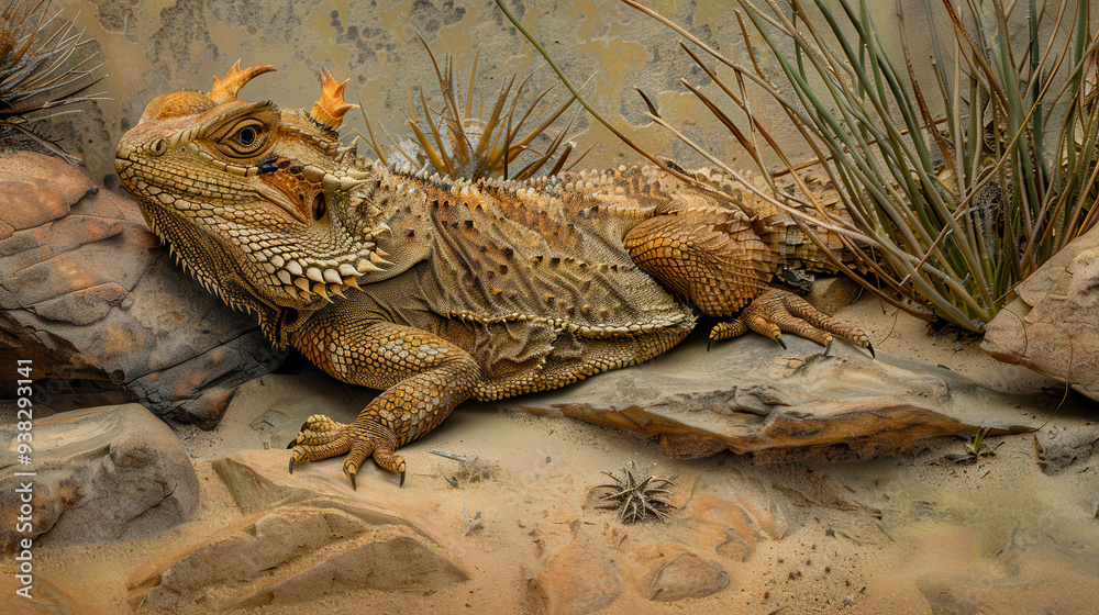 A vivid depiction of a horned lizard camouflaged among desert sand and ...