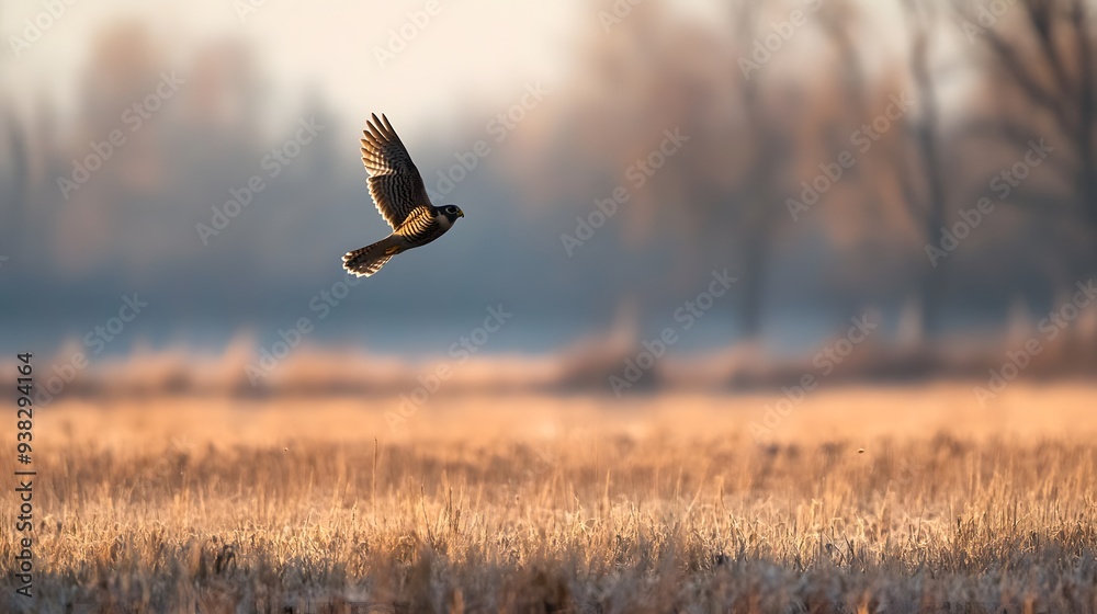 American Kestrel (Falco sparverius) bird hovering over an open field ...