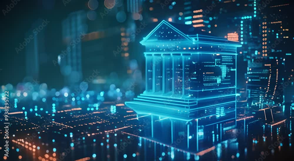 A digital illustration of a futuristic bank building with glowing ...