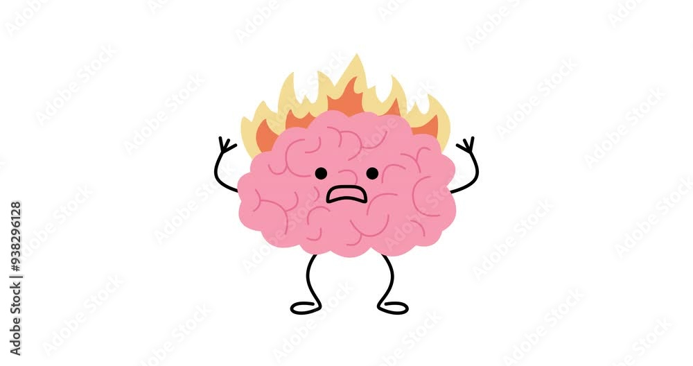 Brain with fire animated on white background. Burnout on stress, cute ...