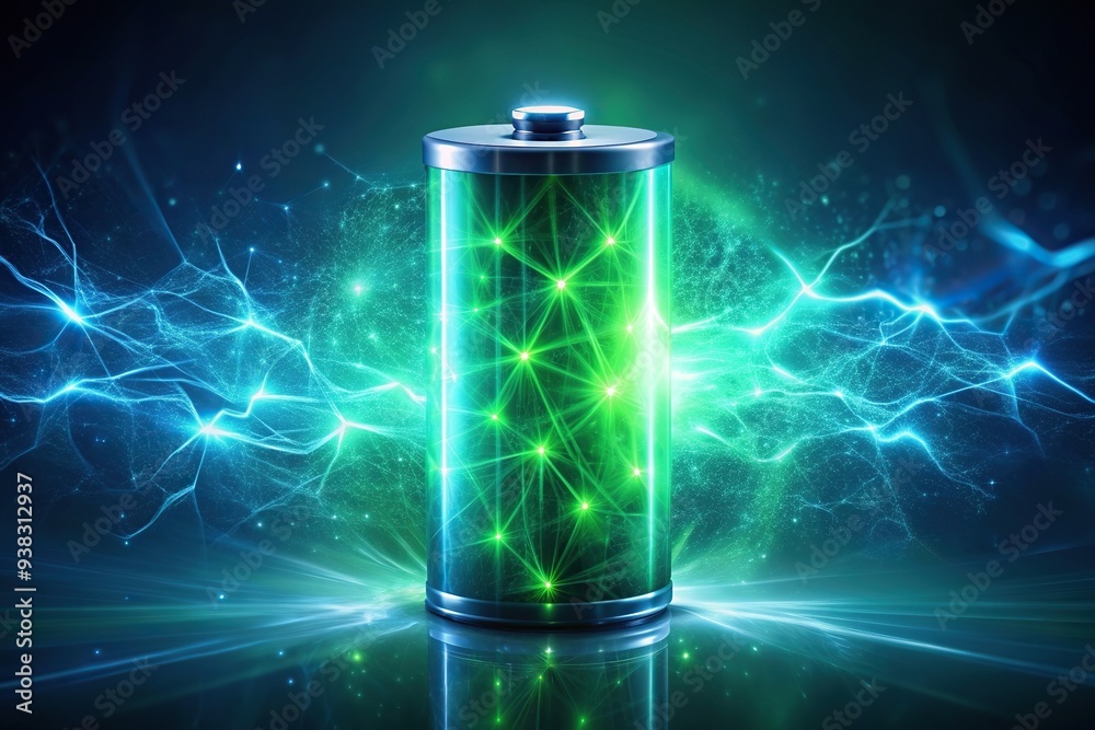Glowing green futuristic power storage lithium ion battery with exposed ...