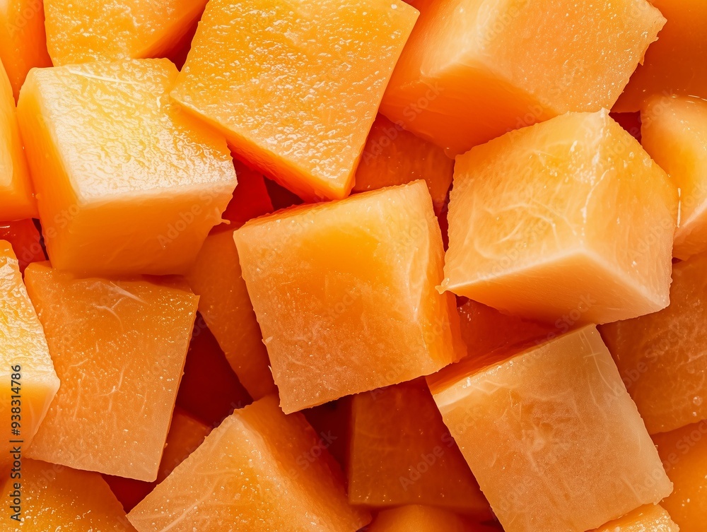Top-Down Photograph of Fresh Diced Melon, Sweet Orange Fruit Cubes for ...