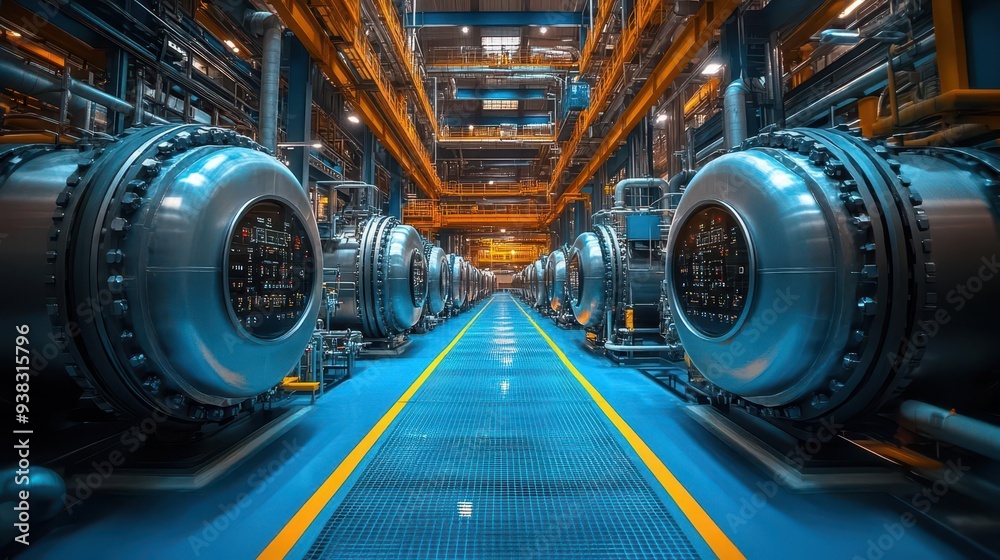 imposing industrial boiler room interior with massive steel tanks ...