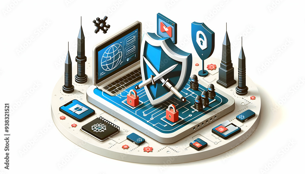 3d Flat vector as Cyber defense icon with a shield and crossed swords ...