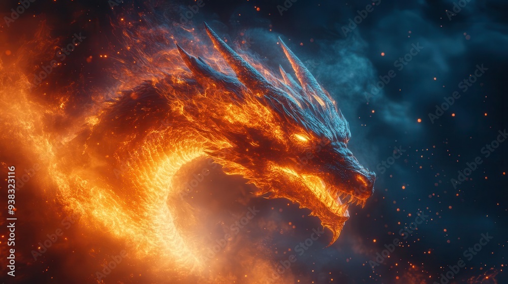 majestic fire dragon emerging from obsidian darkness scales gleaming ...