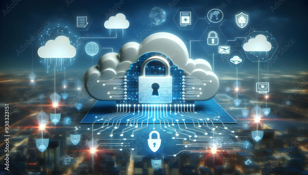 Photo realistic as Cloud computing and network security with firewall and encryption symbols ...