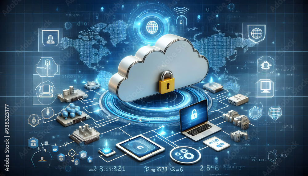 Photo realistic as Cloud computing and network security with firewall and encryption symbols ...