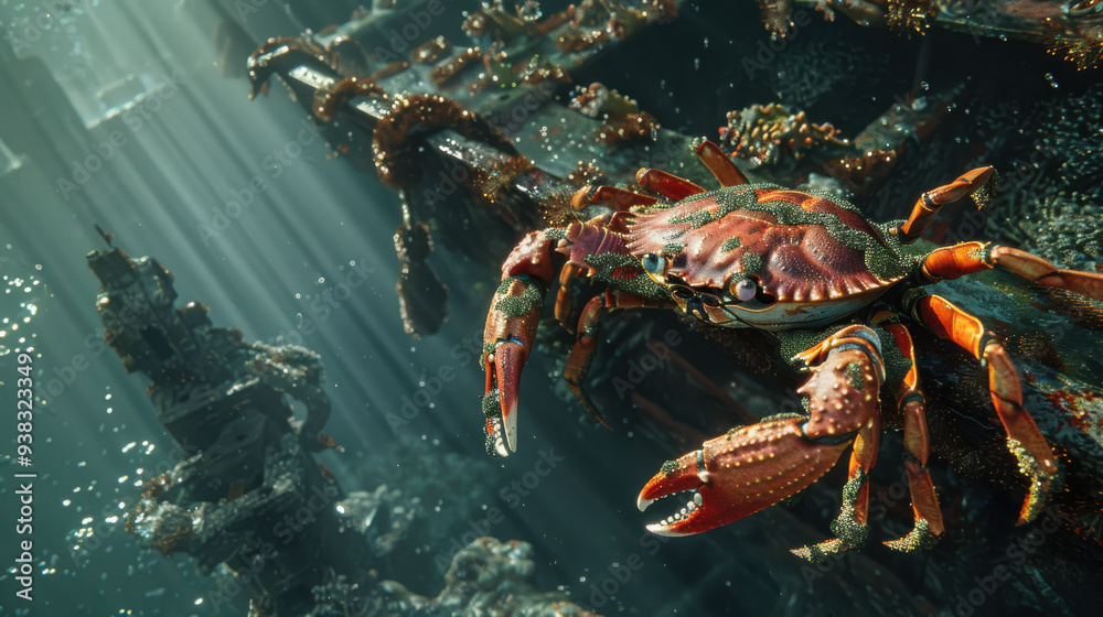 An aerial shot of a crab exploring an underwater shipwreck, the rusting ... An aerial shot of a crab exploring an underwater shipwreck, the rusting ...