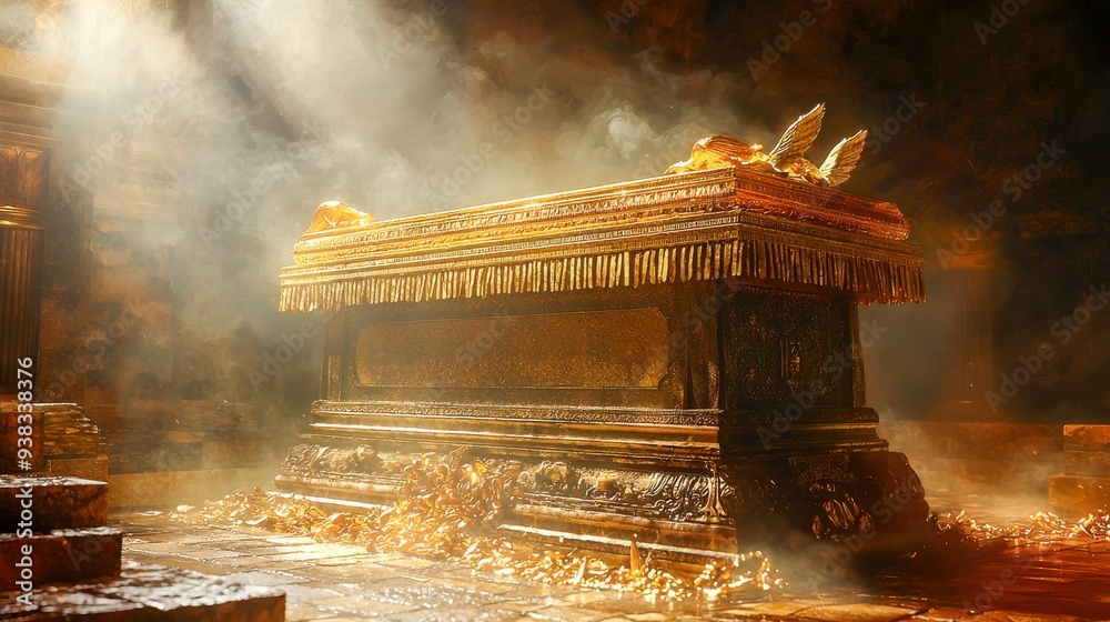 Artistic portrayal of the Ark of the Covenant with golden cherubim, set ...