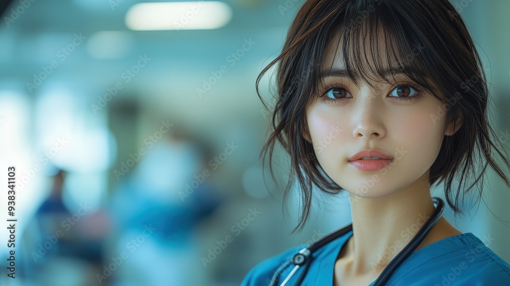 40-Year-Old Japanese Female Nurse in Blue Scrubs with Stethoscope in ...