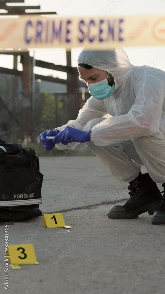 Forensic, swab and crime scene on road, outdoor and sample for medical ...