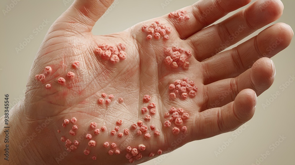 human hand affected by monkeypox, showing clusters of pustules and ...