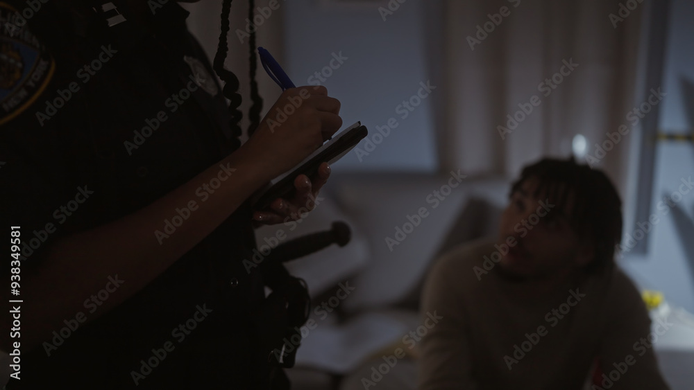 A policewoman taking notes on a clipboard interrogates a man indoors ...